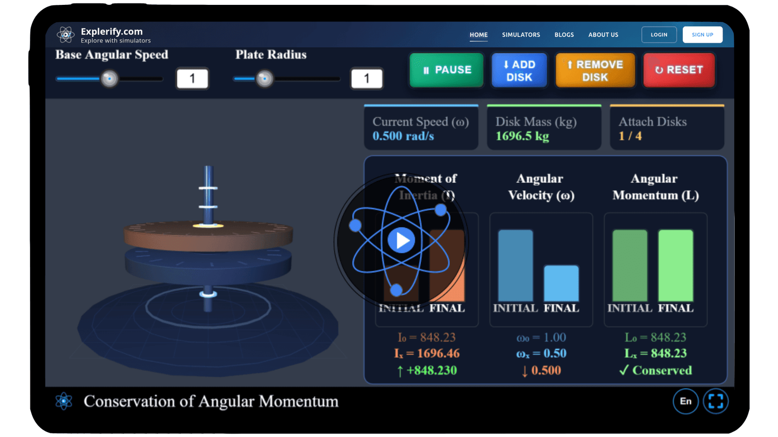 Conservation of angular momentum simulator - Explerify.com