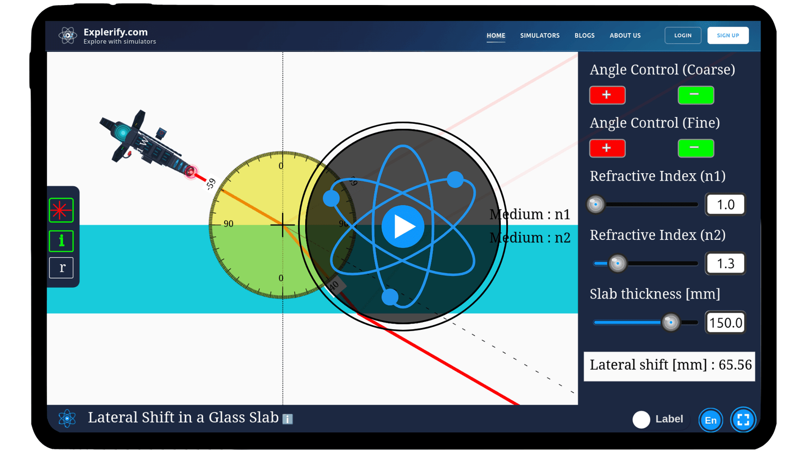 Lateral shift in the glass slab simulator - Explerify.com